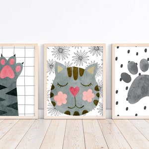Cat Wall Art Print, Cat Wall Decor, Cat Wall Decal Nursery Art Set of 3 ...