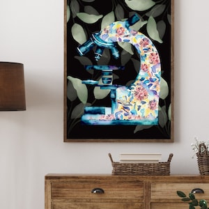 Microscope Wall Art, Floral Microscope, Science Wall Art, Watercolor ...
