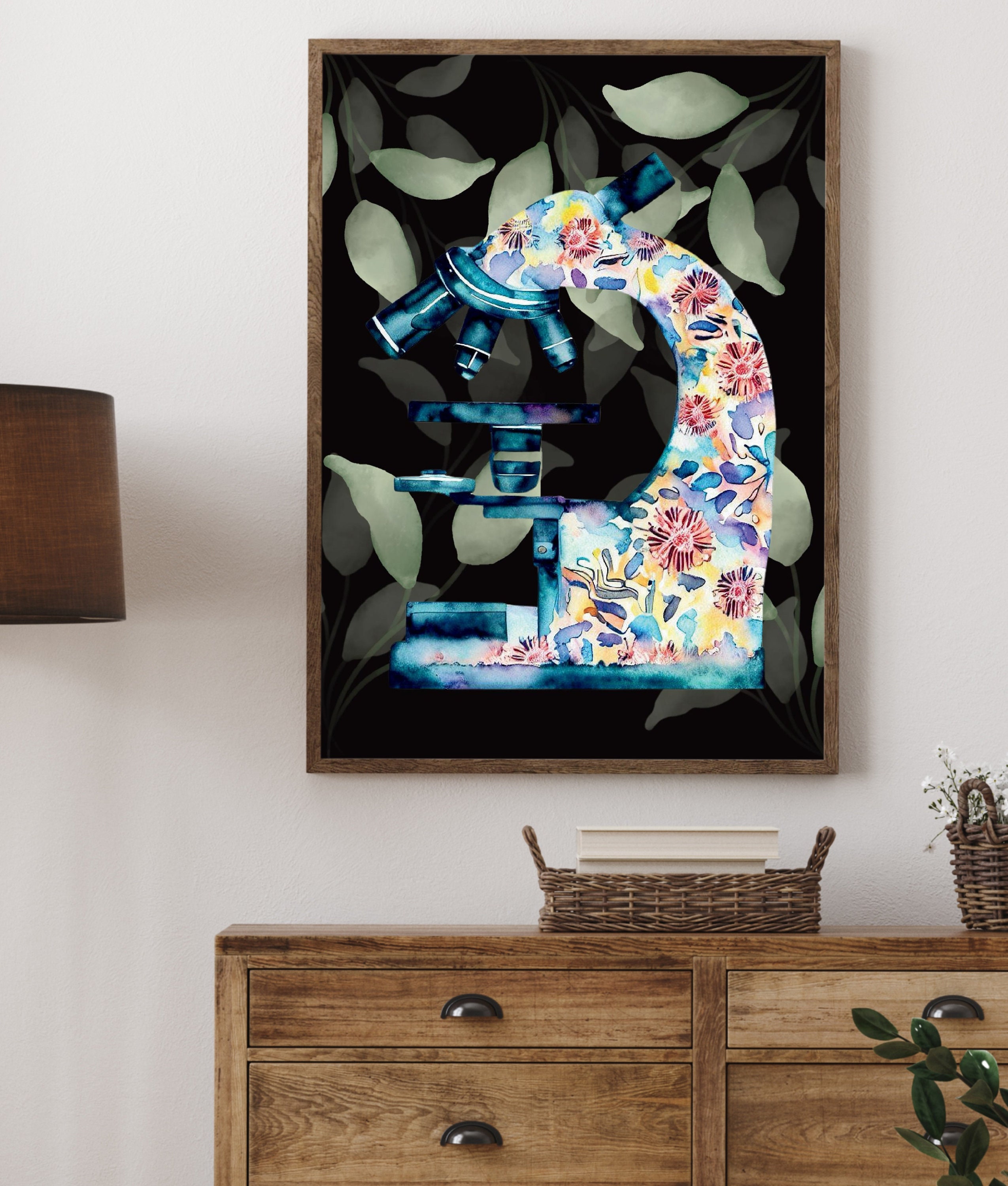 Microscope Wall Art, Floral Microscope, Science Wall Art, Watercolor ...