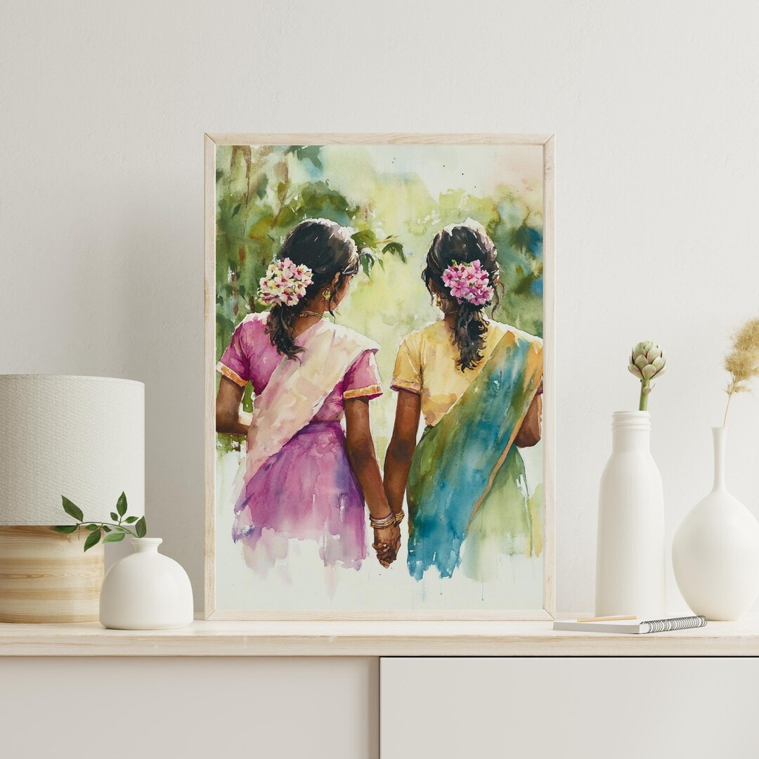 South Indian Best Friends Art Sister Wall Art Tamil Girls Watercolor ...