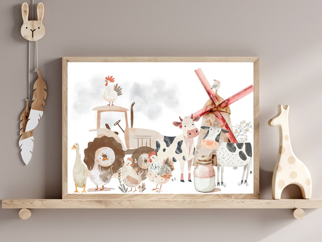 Cute Farm Painting, Watercolor Decor, Landscape Wall Art, Horizontal ...