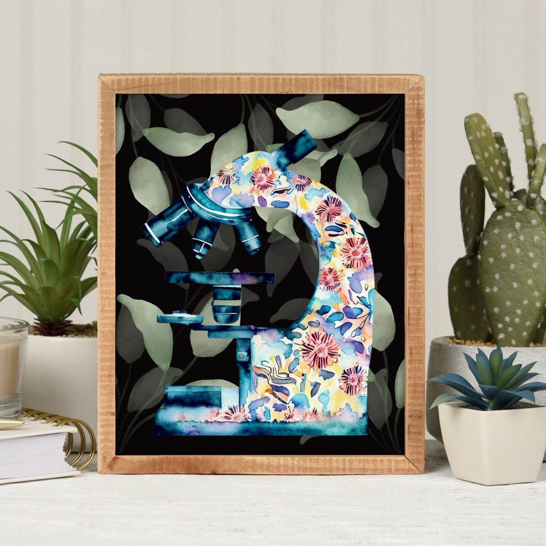 Microscope Wall Art, Floral Microscope, Science Wall Art, Watercolor ...