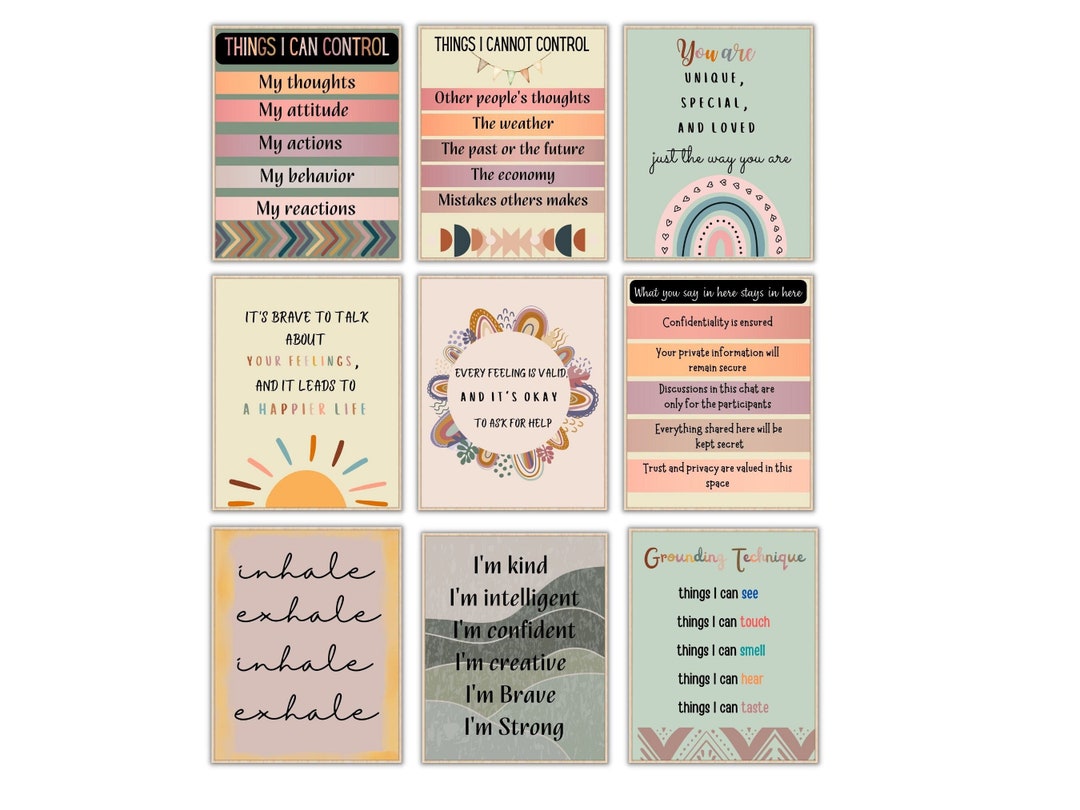 Set of 9 Counseling Posters, Boho Watercolor, Office Decor, School ...