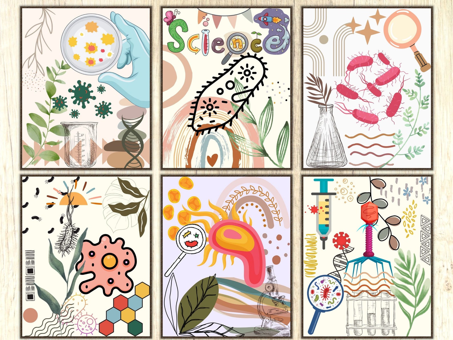 Boho Microbiology Watercolor Prints, Science Classroom Decor (digital ...