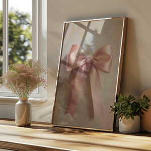 Pink Bow Oil Painting Neutral Girly Apartment Wall Art Coquette Room ...