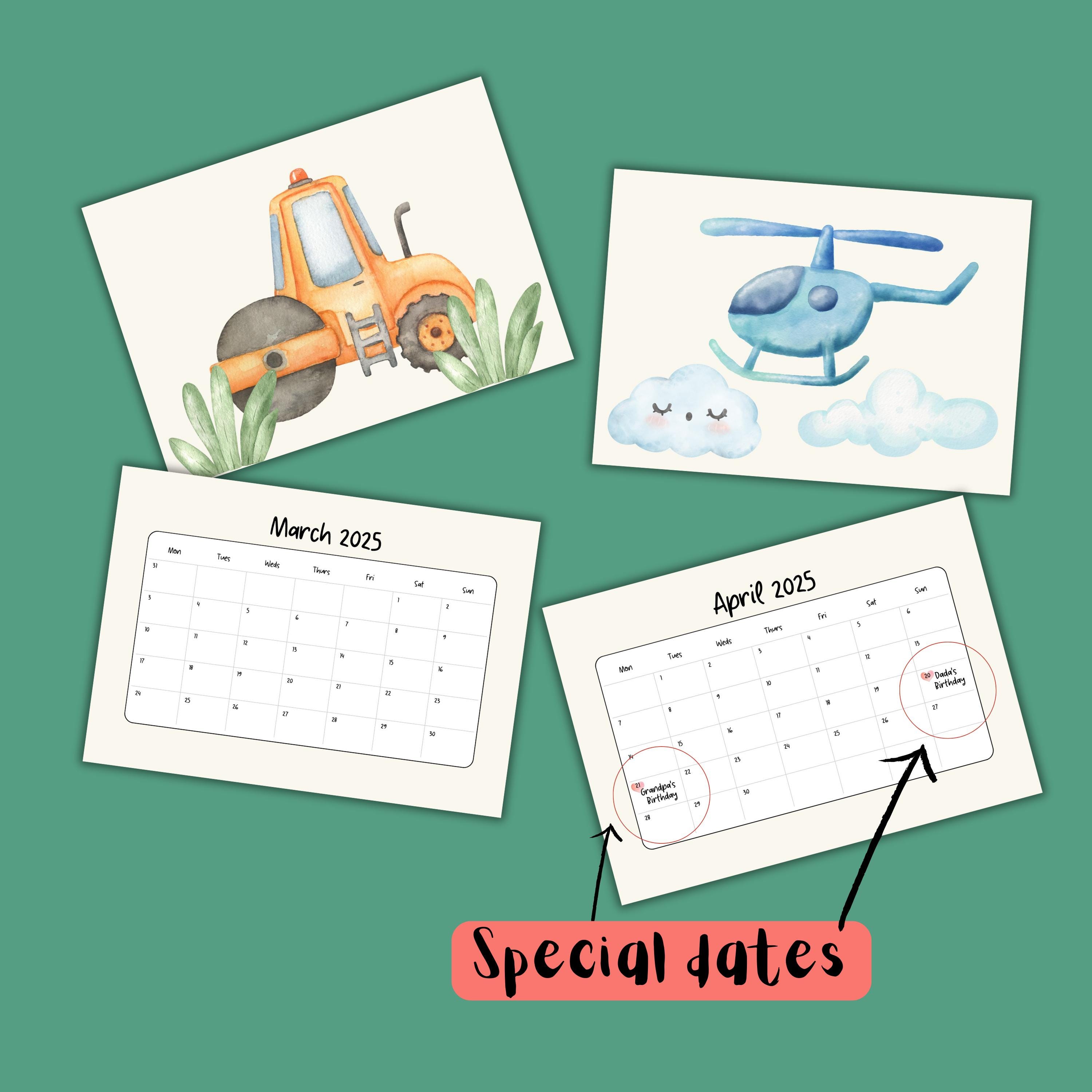 2025 Printable Calendar Kid Calendar Transportation Theme Calendar for ...