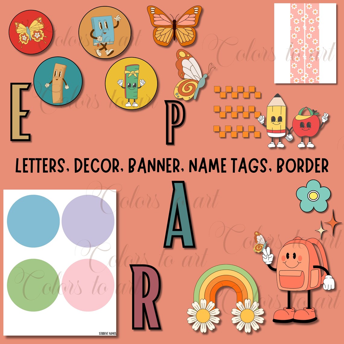 First Grade Bulletin Board Kit Retro Groovy Classroom Decor Printable ...