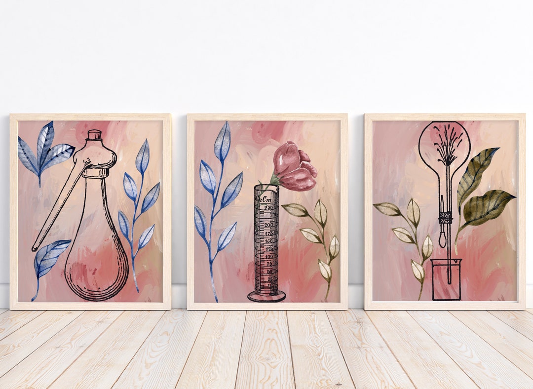 Chemistry Pink Wall Art Set, Scientific Decor, Chemistry Illustration ...