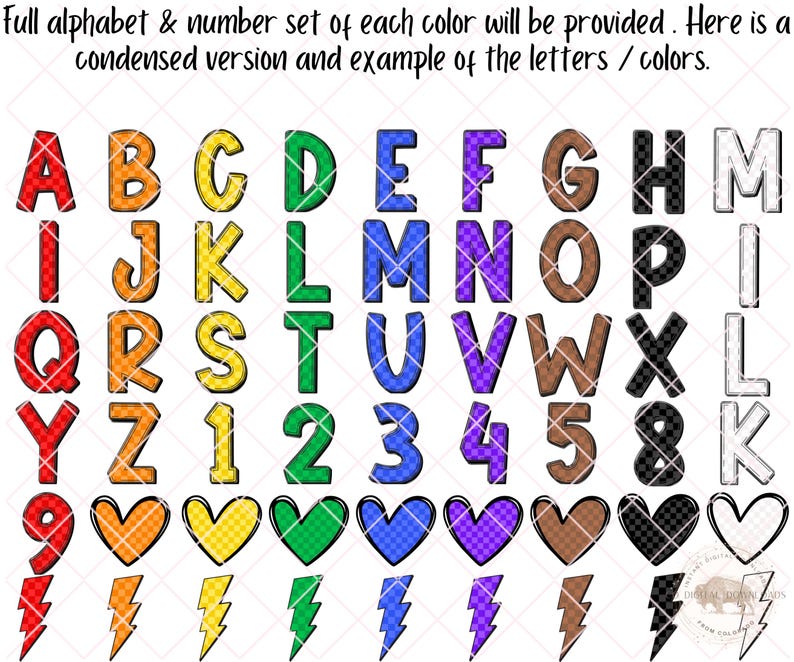 Primary Checker Alphabet Bundle PNG PDF, Alpha Doodle Font, Checkered ...