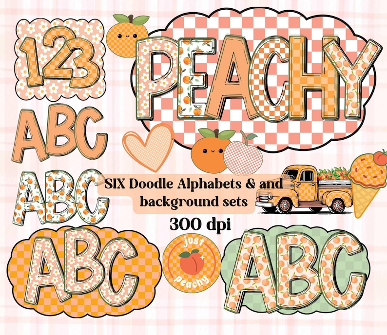 Peach Checker Alphabet Bundle PNG, Alpha Doodle Letters, Peaches ...