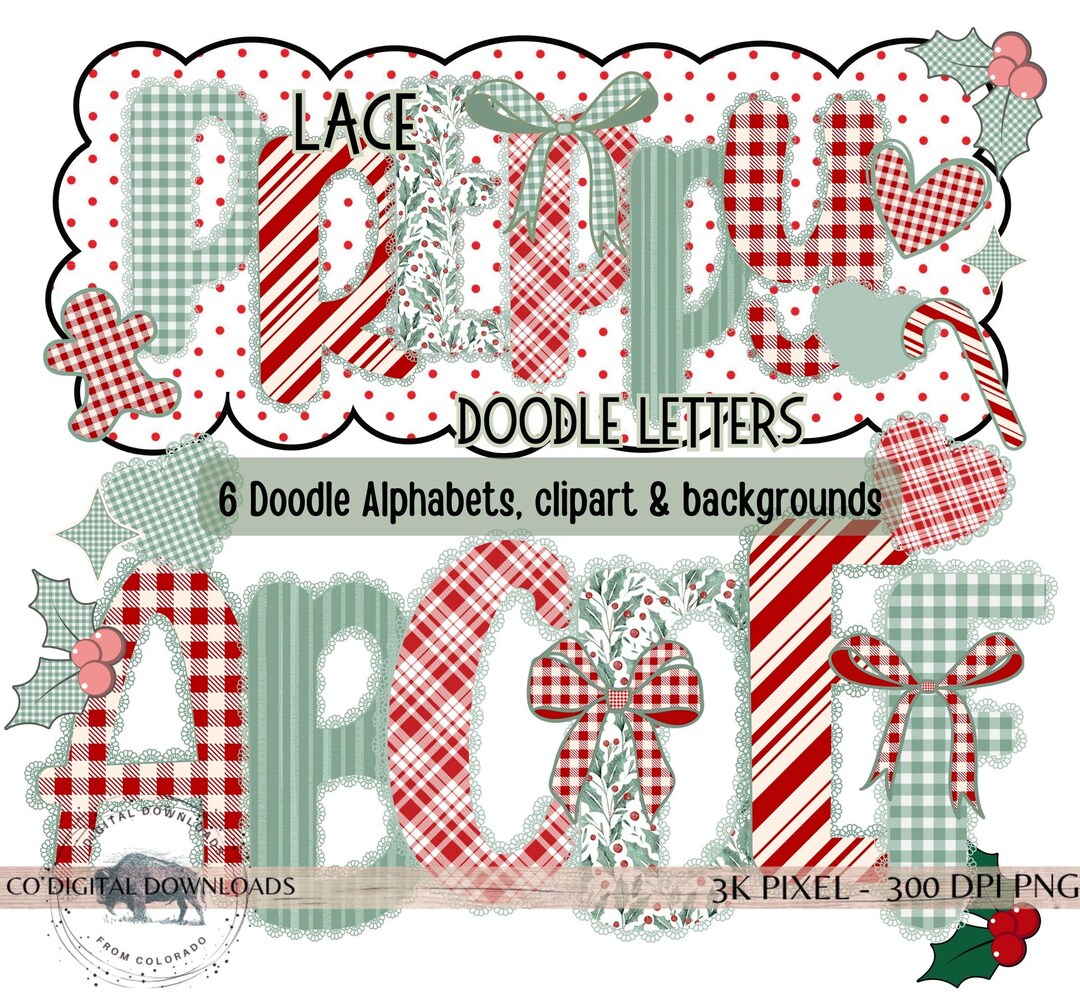 Lace Christmas Alphabet Bundle PNG, Red Green Doodle Letters, Gingham ...