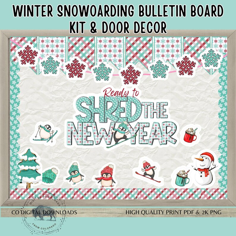 Winter and New Year Bulletin Board Kit PDF Png, Snowboard Penguins ...