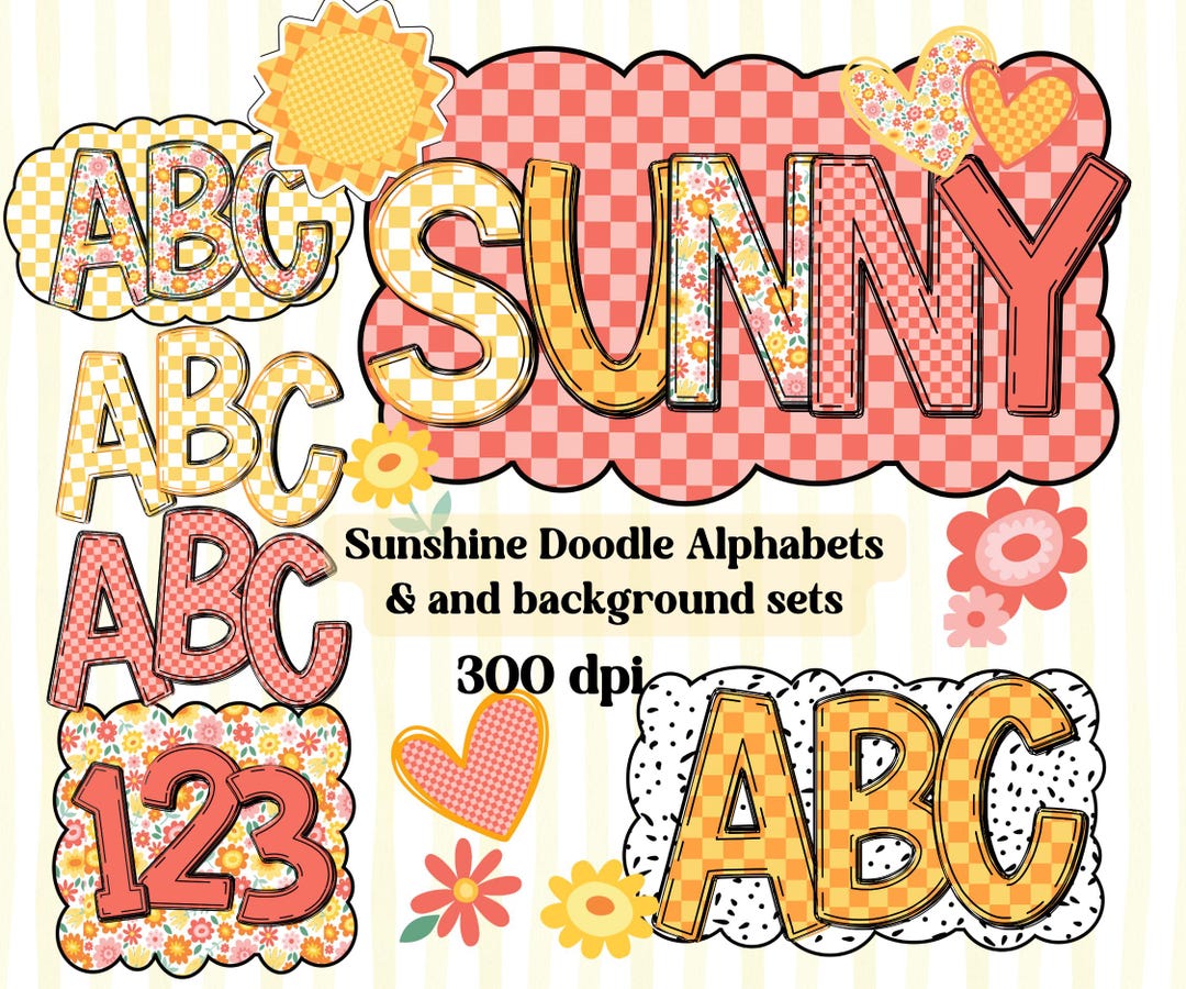 Summer Alphabet PNG, Bright Checker Letters Bundle, Sunny Floral Doodle ...