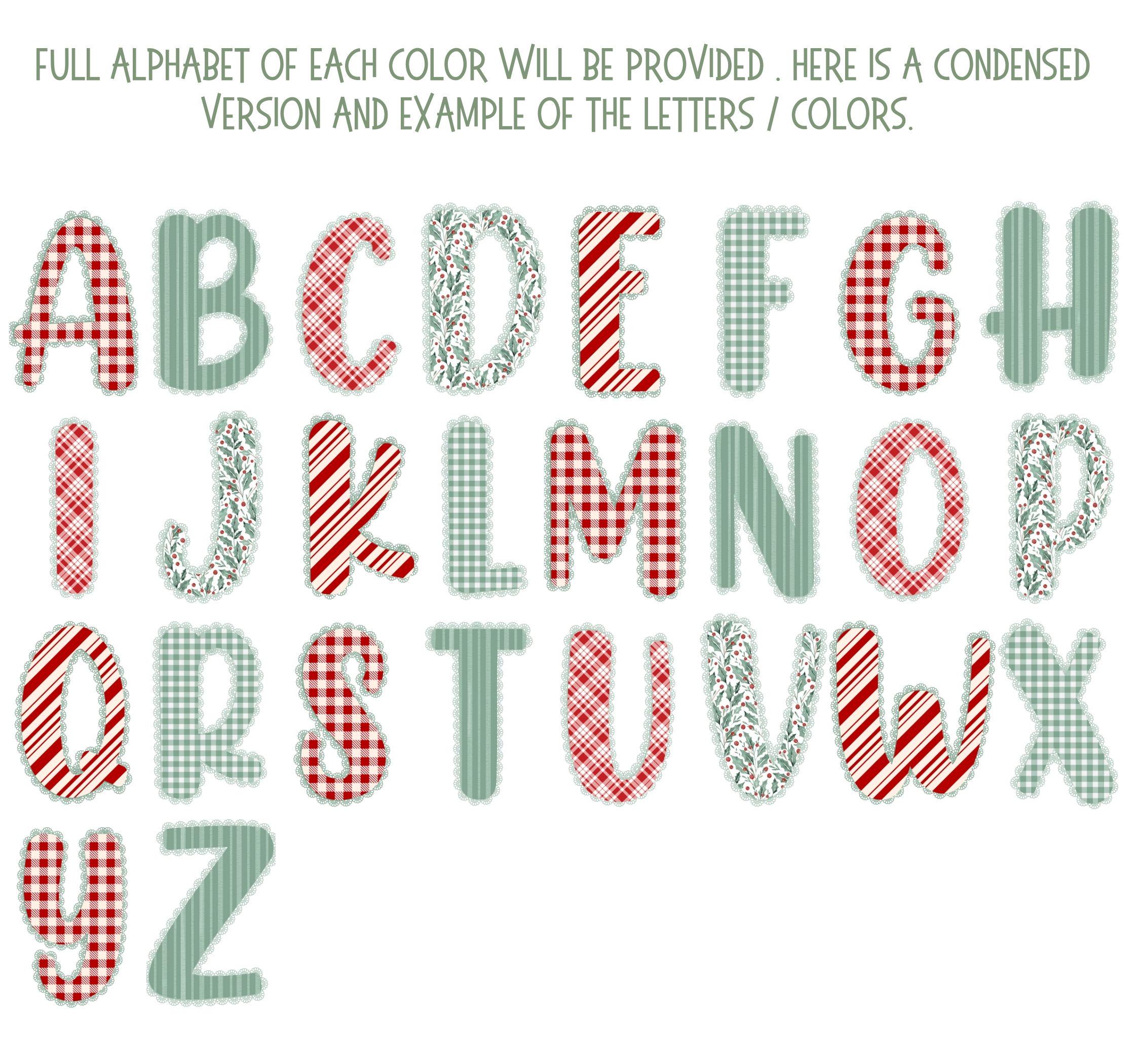 Lace Christmas Alphabet Bundle PNG, Red Green Doodle Letters, Gingham ...