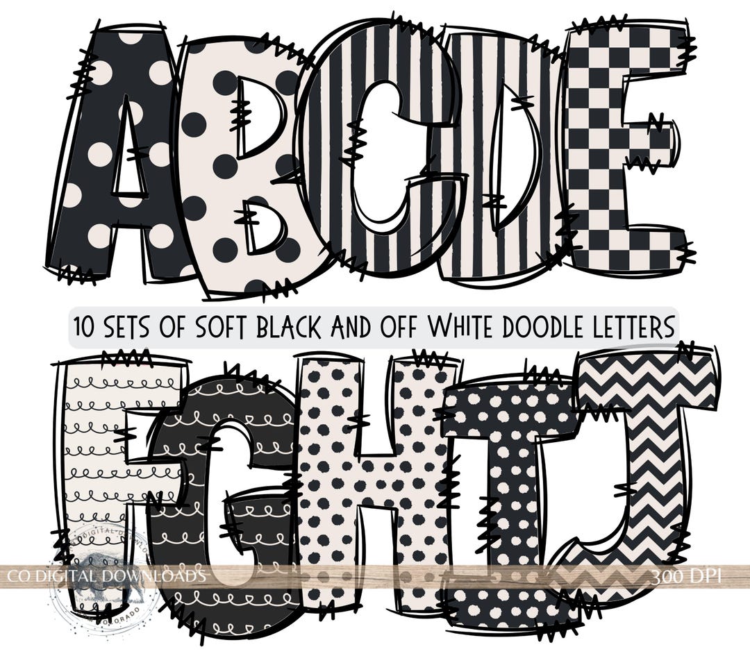 Black White Doodle Letter PNG Bundle, Preppy Alphabet Pack, Hand Drawn ...