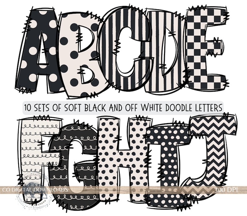 Black White Doodle Letter PNG Bundle, Preppy Alphabet Pack, Hand Drawn ...