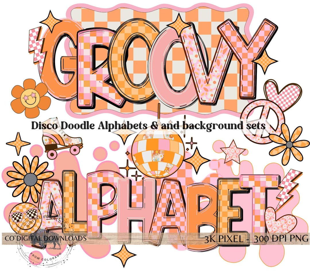 Checker Doodle Alphabet Bundle, Retro Disco Letters, Orange Pink Skate ...