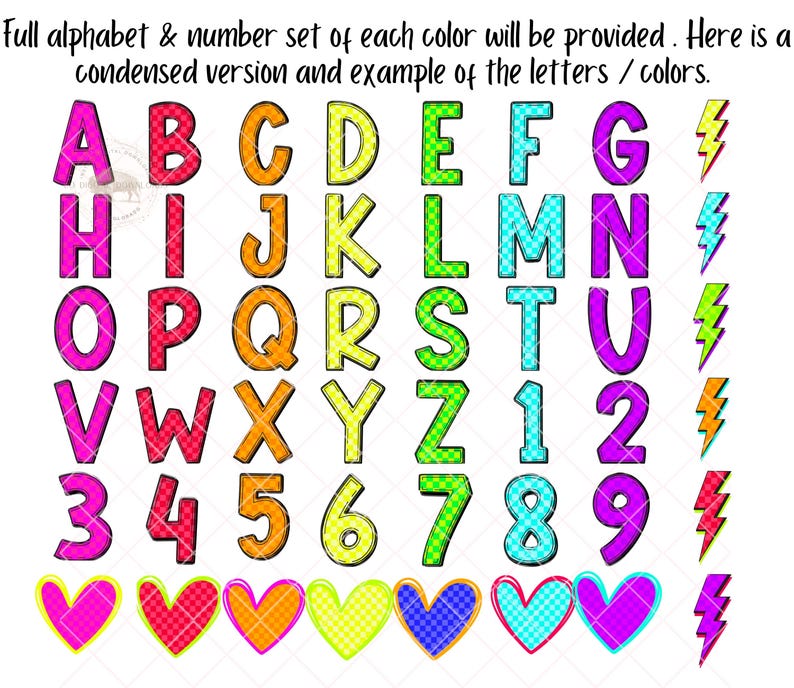 Neon Checker Alphabet PNG Bundle: Retro Doodle Letters (digital ...