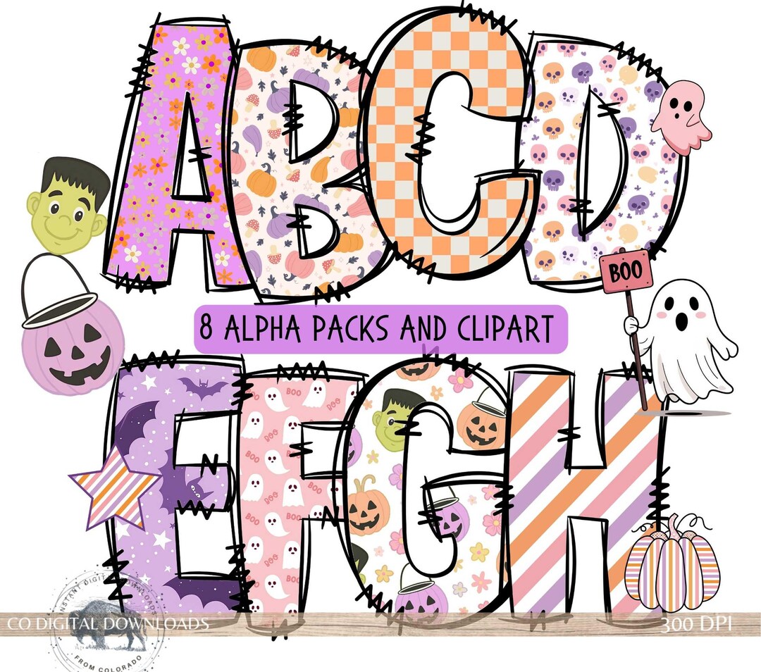 Pastel Alphabet Halloween Bundle, Doodle Font PNG, Groovy Alpha Pack ...