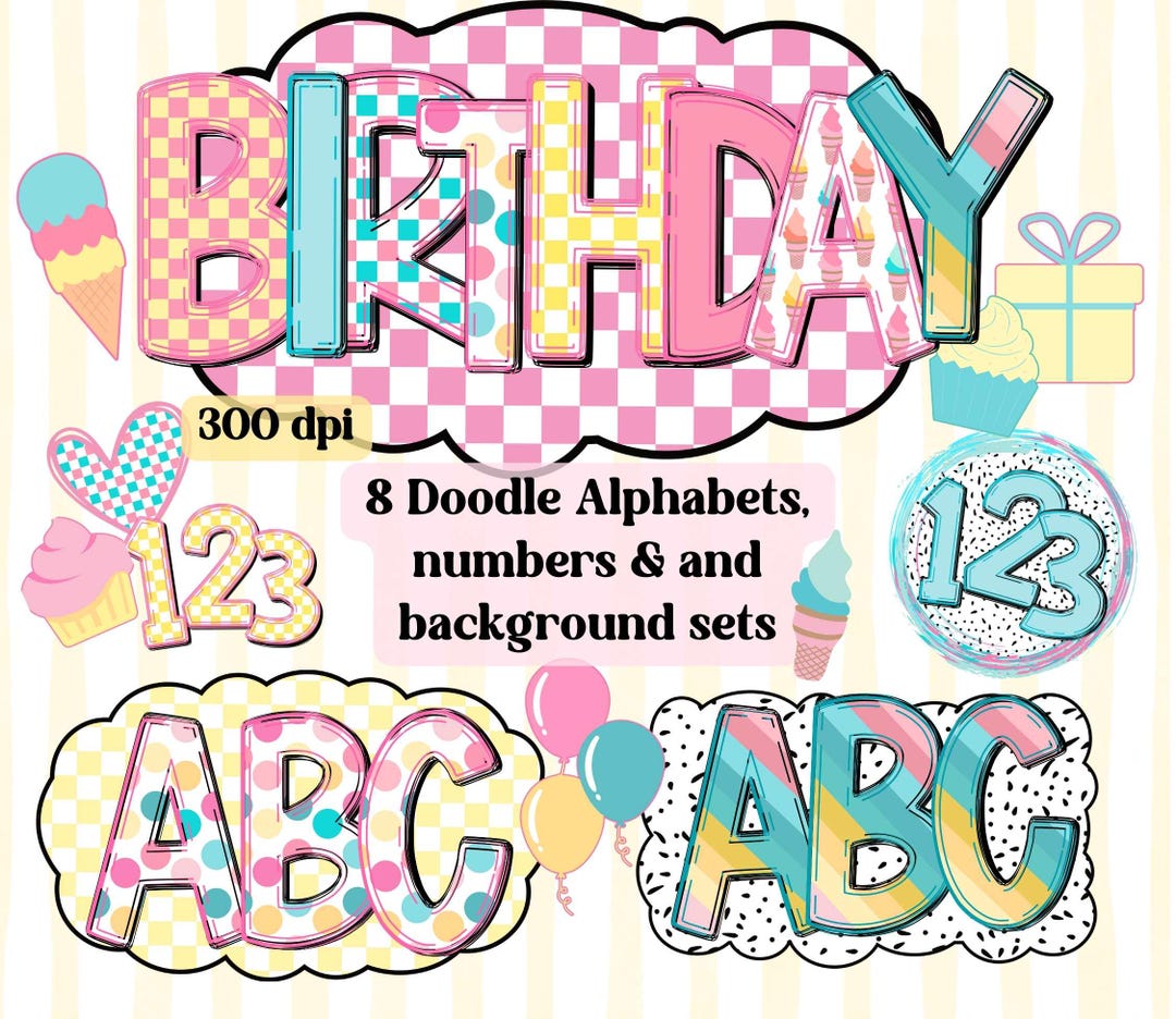 Birthday Alphabet PNG, Checker Doodle Alphabet Bundle, Colorful Party ...