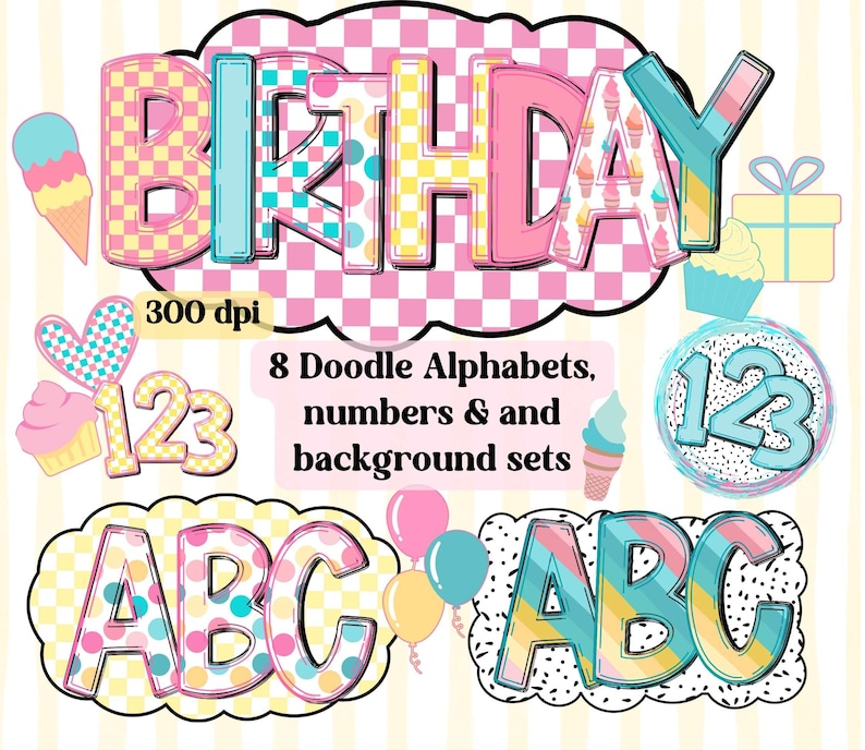 Birthday Alphabet PNG Bundle, Checker Doodle Letters, Colorful Party ...