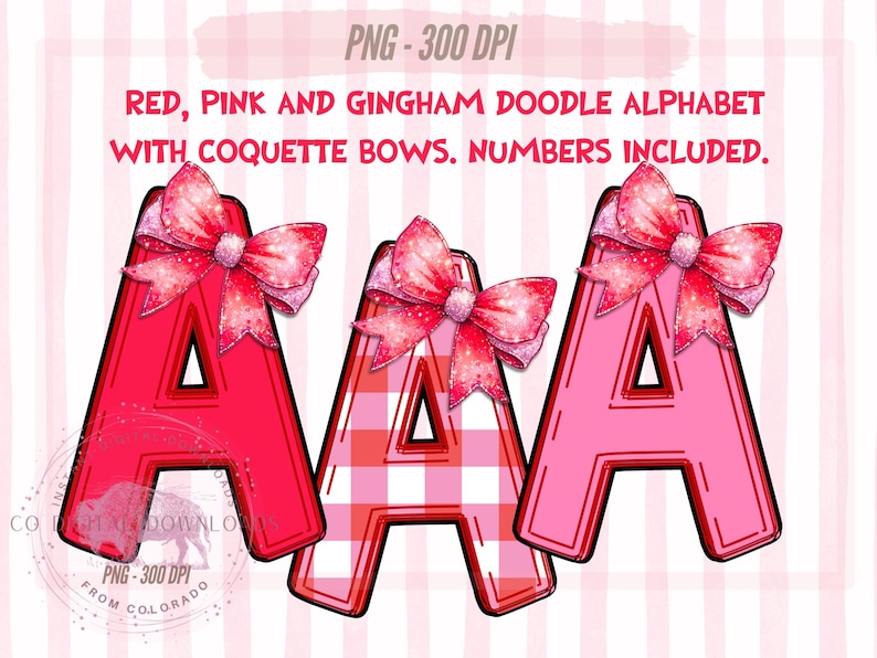 Pink Coquette Alphabet PNG Bundle: Red Gingham Doodle Letters, Cherry ...