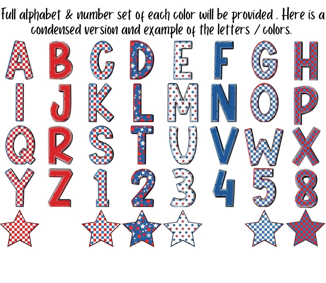 Patriotic Doodle Alphabet Bundle, 4th of July PNG Letters, Numbers ...