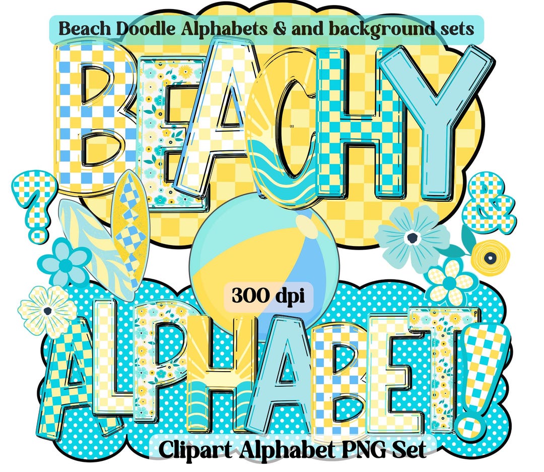 Beach Day Alphabet PNG, Summer Letters Bundle, Surf Doodle, Yellow Aqua ...