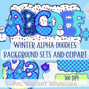 Winter Alphabet Bundle PNG Groovy Blue Alpha Doodle Letter Sets ...