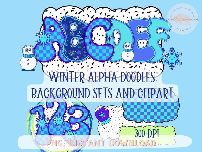 Winter Alphabet Bundle PNG Groovy Blue Alpha Doodle Letter Sets ...