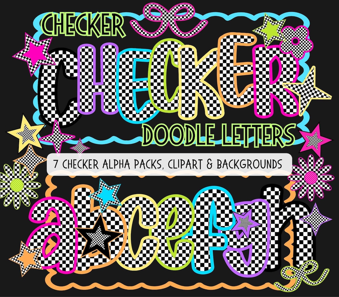Neon Checker Alphabet Bundle PNG PDF, Upper & Lowercase, Alpha Doodle ...