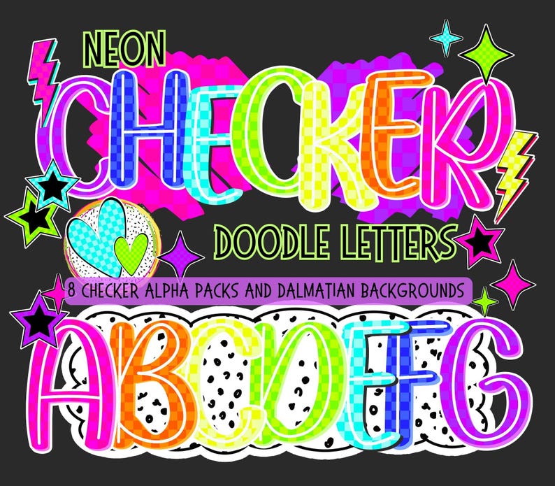 Neon Checker Alphabet PNG Bundle: Bright Doodle Font, Centerline ...