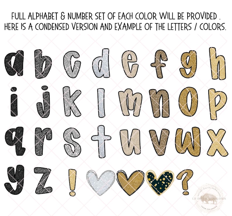 Glitter Alphabet PNG Bundle, Preppy New Year Letters, Black Silver Gold ...