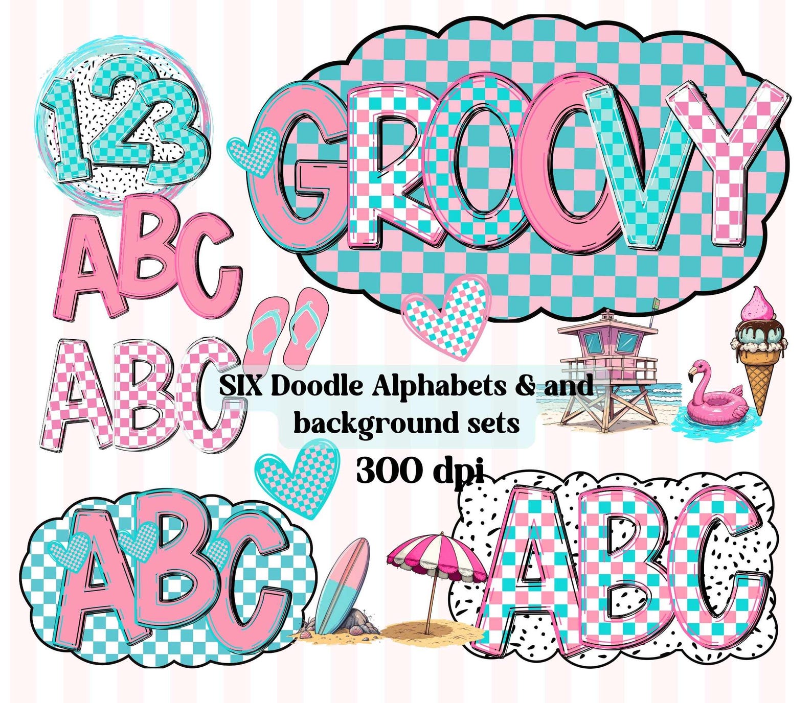 Pool Party Checker Alphabet Bundle PNG, Summer Doodle Letters, Pink ...