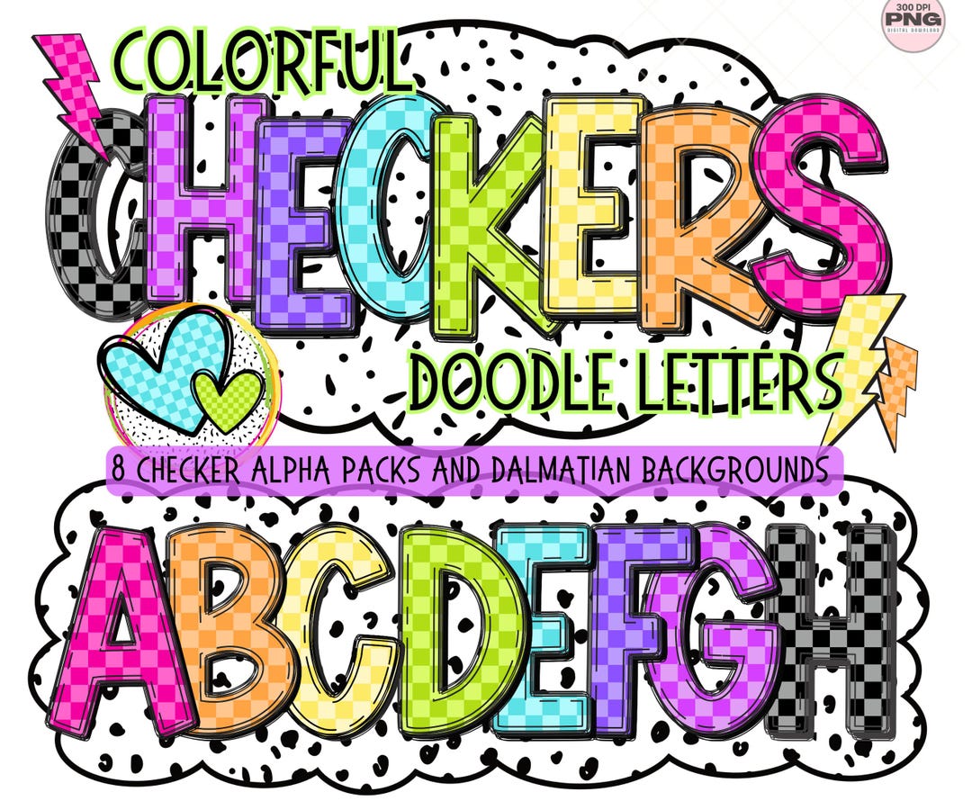 Colorful Checker Alphabet Bundle PNG PDF, Alpha Doodle Letters ...