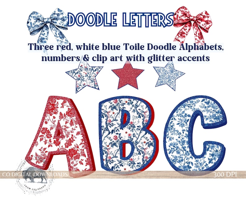 Preppy Floral Alphabet PNG Bundle, Red White Blue Toile Chinoiserie ...