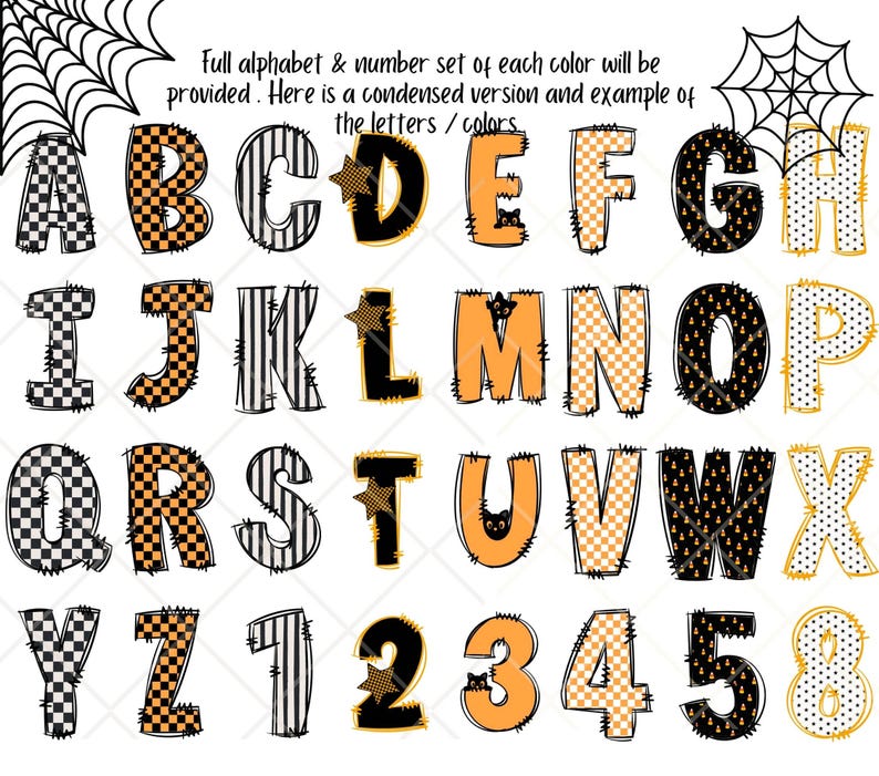 Alphabet Halloween PNG Bundle, Cat Doodle Letters, Checker Spooky ...