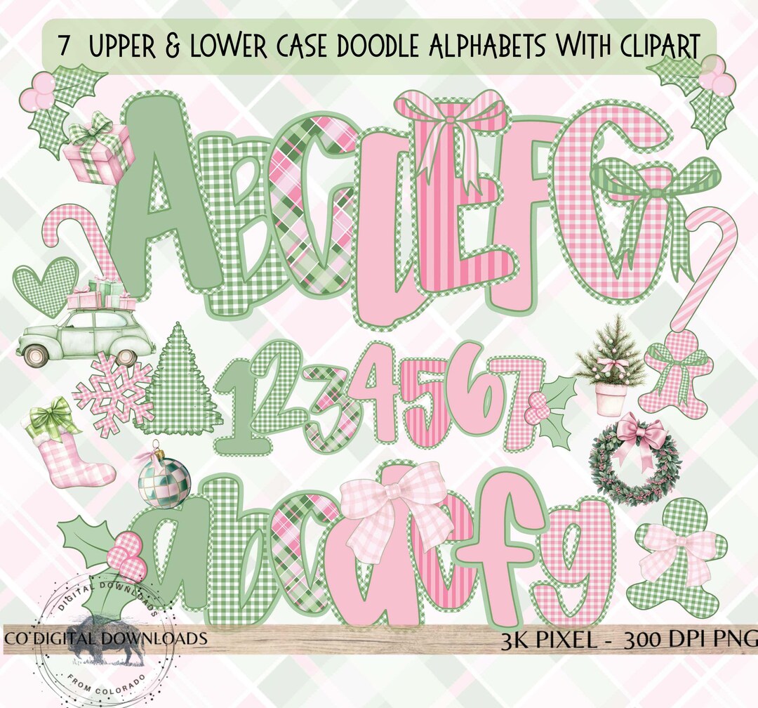 Preppy Pastel Christmas Alphabet Bundle PNG, Pink Green Alpha Doodle ...