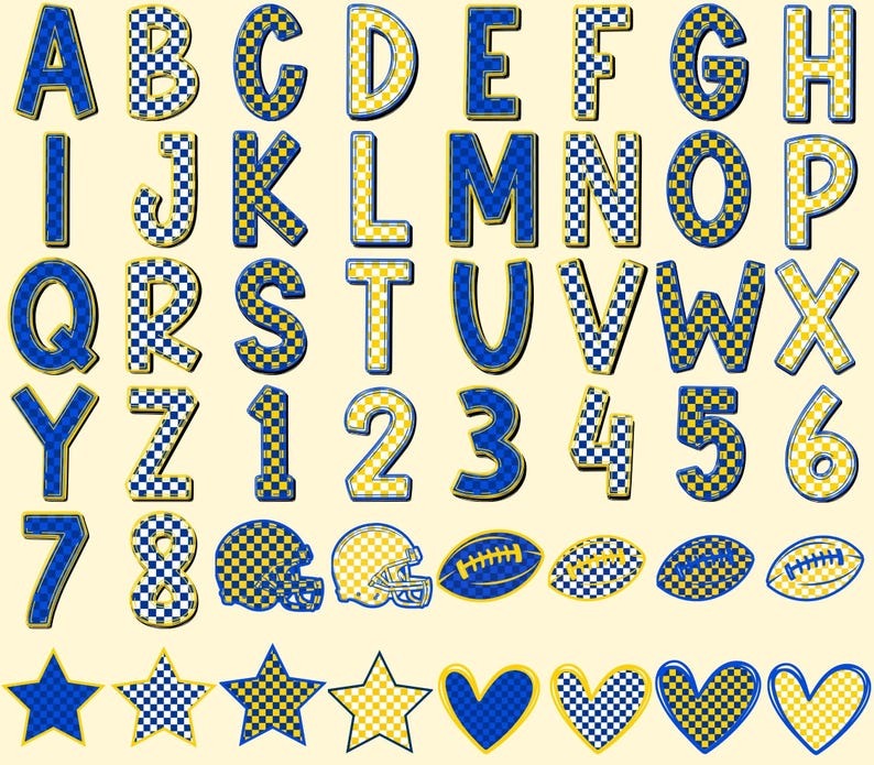 Blue Yellow Team Alphabet PNG Bundle: Football Sports Checker Doodle ...