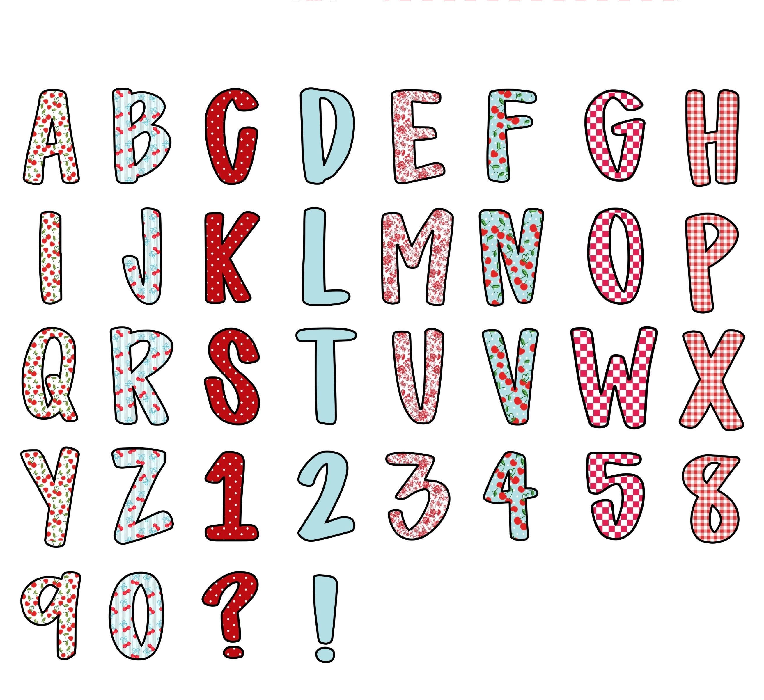 Cherries Alphabet PNG Bundle, Summer Checker Doodle Letters, Red White ...