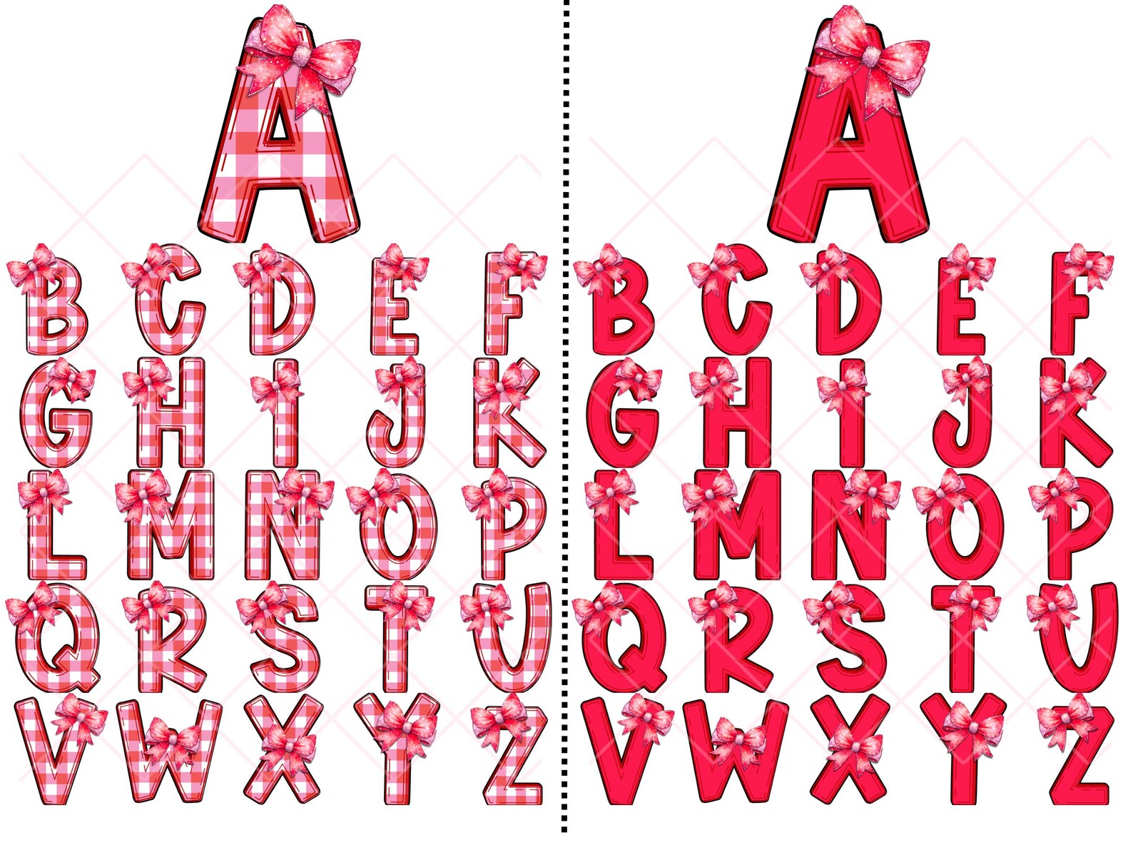 Pink Doodle Alphabet PNG Bundle: Pink Gingham Letters, Red Coquette Bow ...