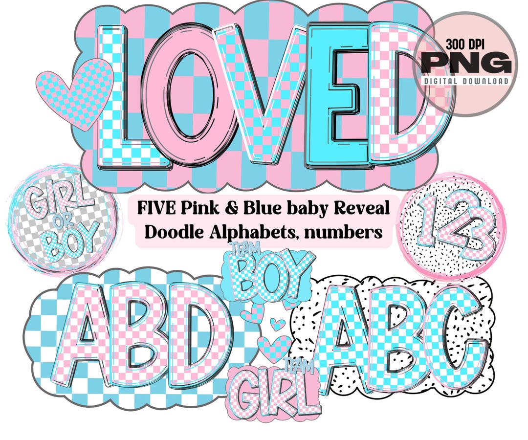 Baby Alphabet Png Bundle, Baby Shower Letters, Pink Blue Doodle Font ...