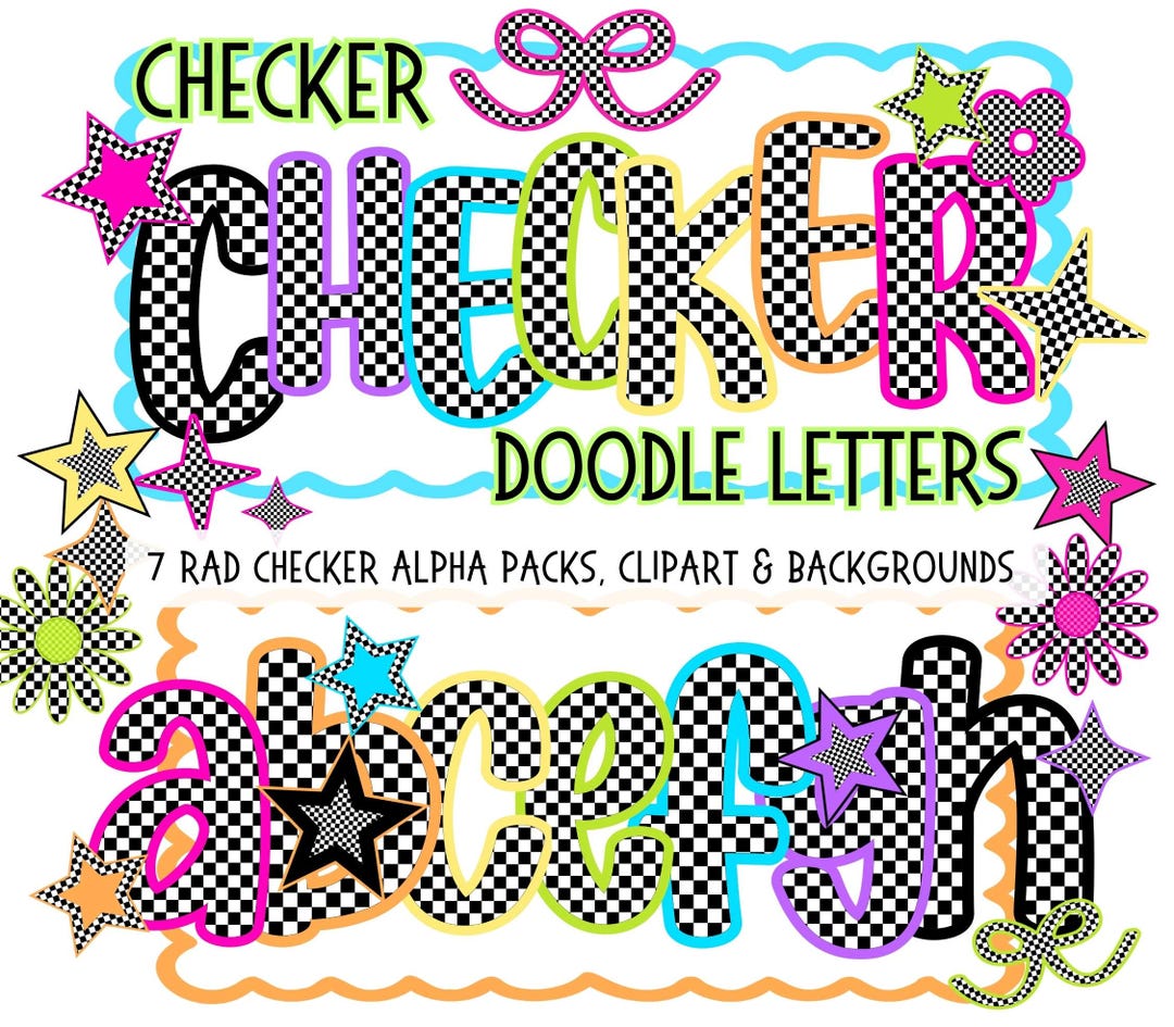 Neon Checker Alphabet Bundle PNG PDF, Upper & Lowercase, Alpha Doodle ...