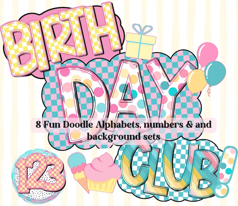 Birthday Alphabet PNG Bundle, Checker Doodle Letters, Colorful Party ...
