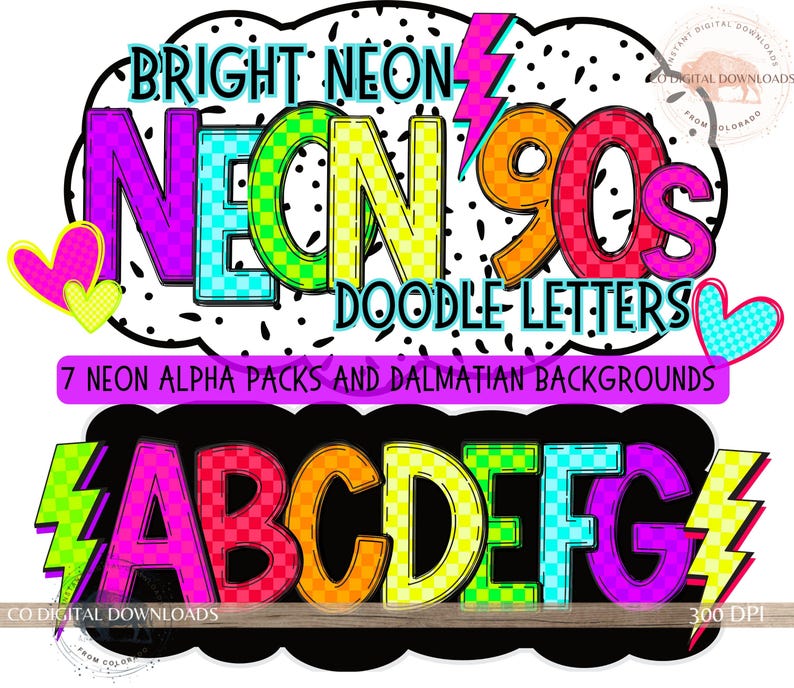 Neon Checker Alphabet PNG Bundle: Retro Doodle Letters and Clipart ...