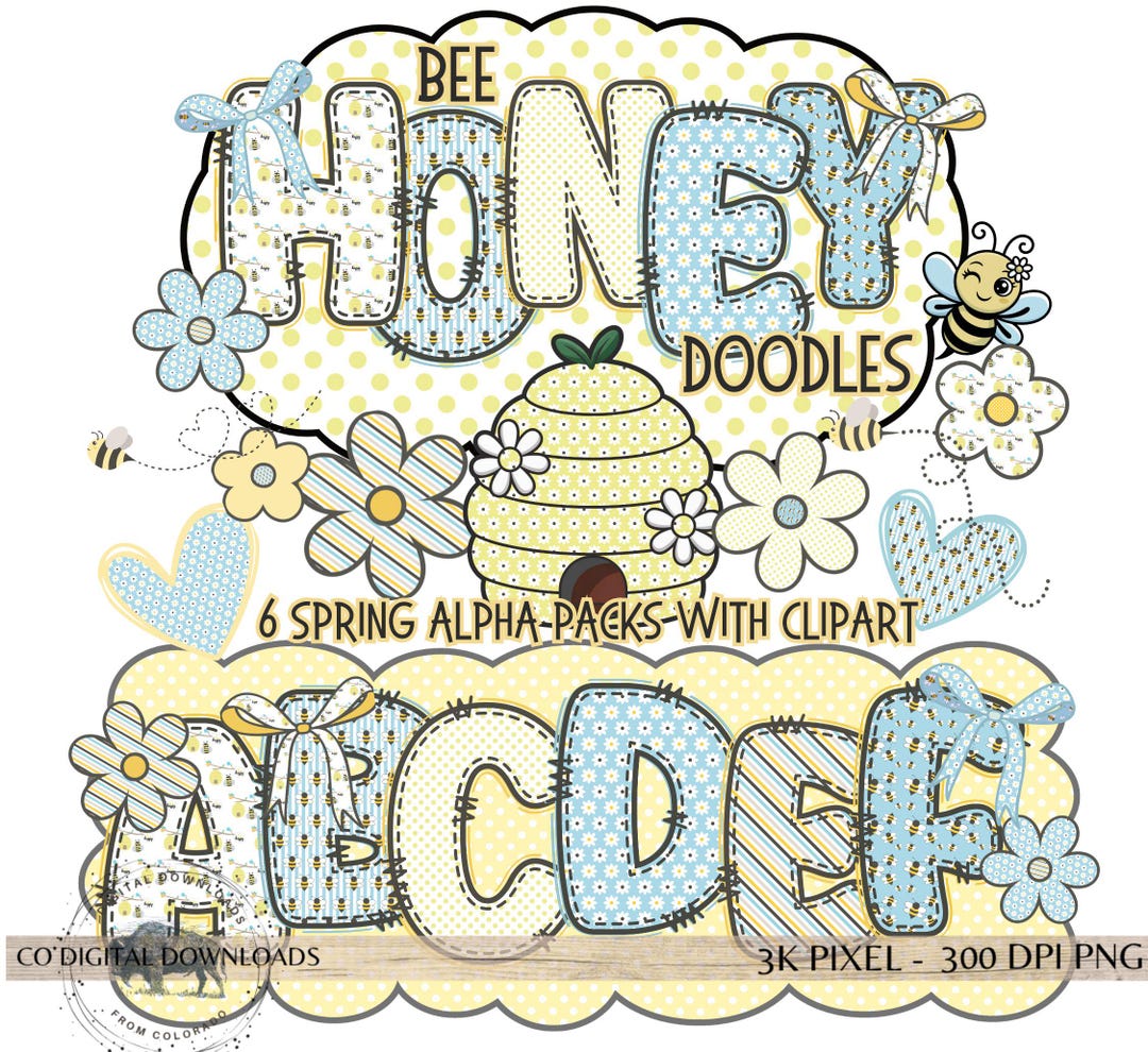 Bumble Bee Alphabet Bundle PNG, Spring Alpha Doodle Letters, Blue ...