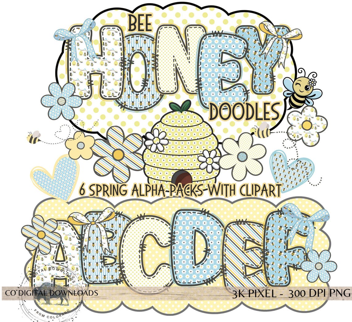 Bumble Bee Alphabet Bundle PNG, Spring Alpha Doodle Letters, Blue ...