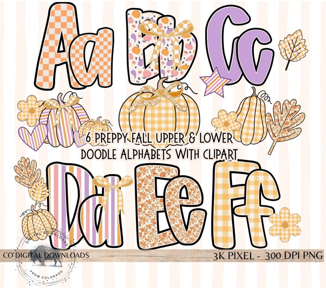 Preppy Fall Alphabet Bundle PNG, Thanksgiving Pastel Doodle Letters ...