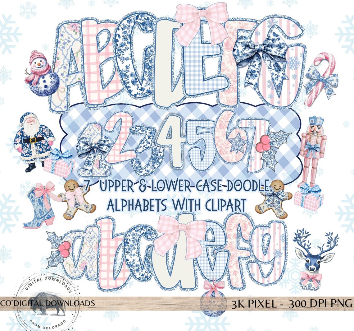 Preppy Christmas Alphabet Bundle PNG, Blue Pink Doodle Letters, Toile ...