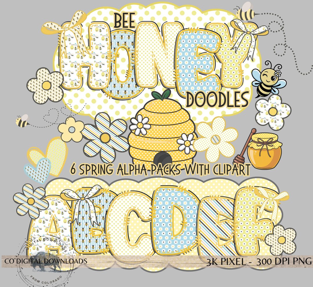 Bumble Bee Alphabet Bundle PNG, Spring Alpha Doodle Letters, Blue ...